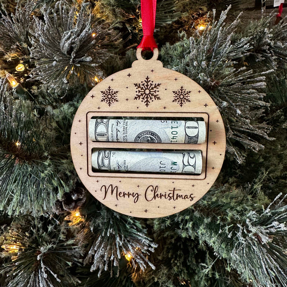 Money Ornament | Wood Round Christmas Ornament – Rustic, Gift, Holiday ...