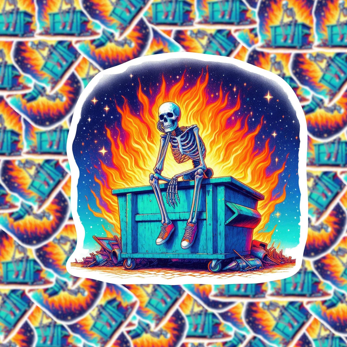 Dumpster Fire Skeleton Sticker – Fuzzy Loon Designs